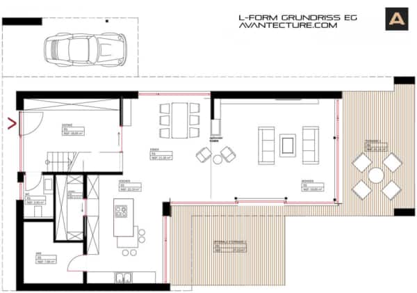 Building a modern L-shaped architect's house - floor plan & design